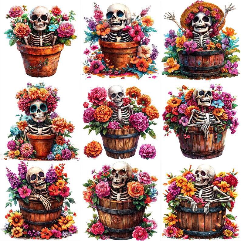 JPEG Skeleton Vase Clipart Bundle Floral Skeleton Halloween Funny ...