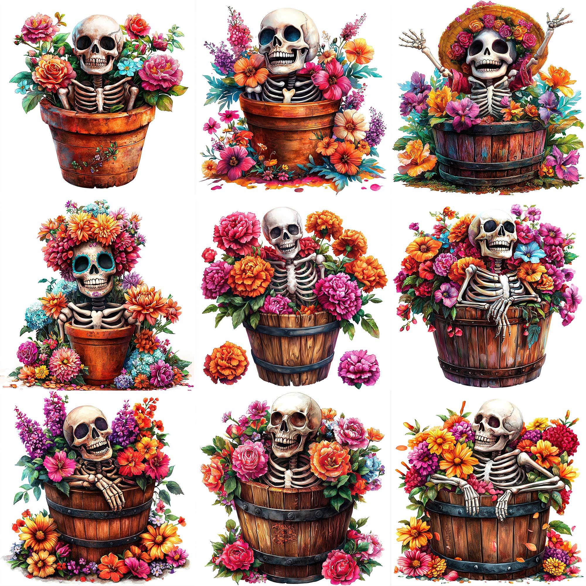 JPEG Skeleton Vase Clipart Bundle Floral Skeleton Halloween Funny ...