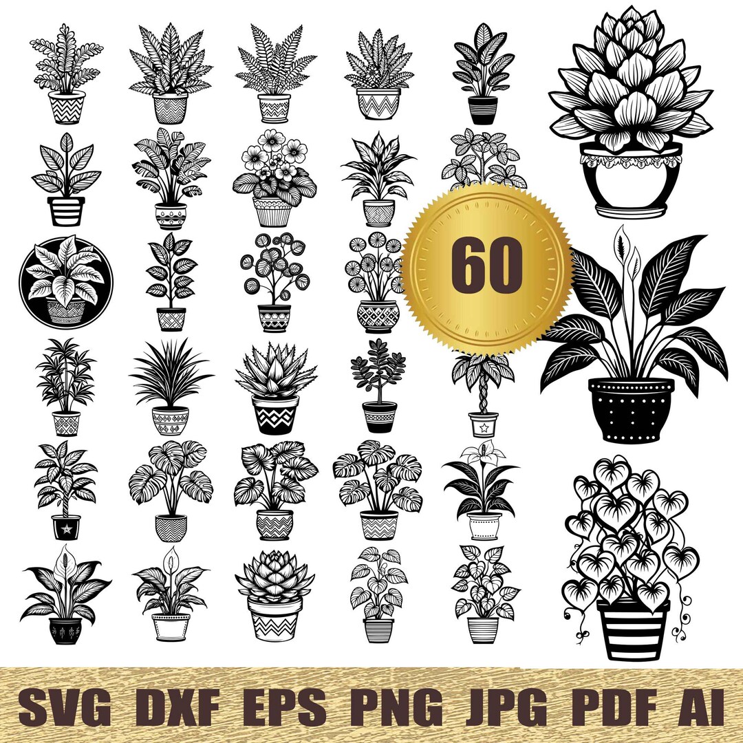 60 Plant Svg Bundle, Svg Dxf Eps Pdf Ai Png, Potted Plant SVG Bundle ...