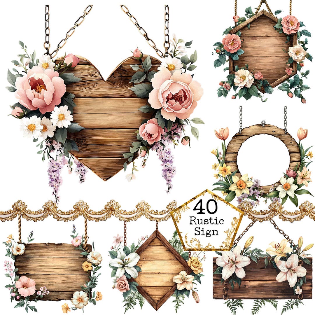 PNG + JPEG Watercolor Rustic Sign Clipart Bundle Old Wooden Floral Sign ...
