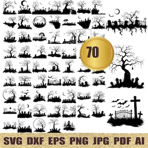 70 Graveyard Svg, Dxf, Eps, Ai, Pdf, Jpg, Png Spooky Graveyard Cemetery ...