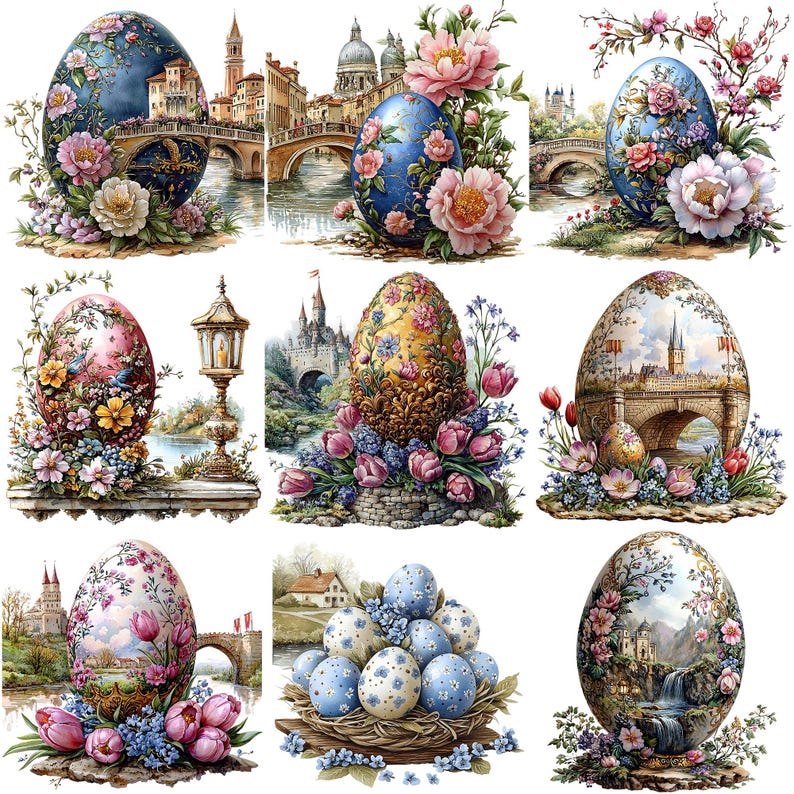 PNG + JPEG Watercolor Antique Easter Egg Clipart Bundle Easter Scenery ...