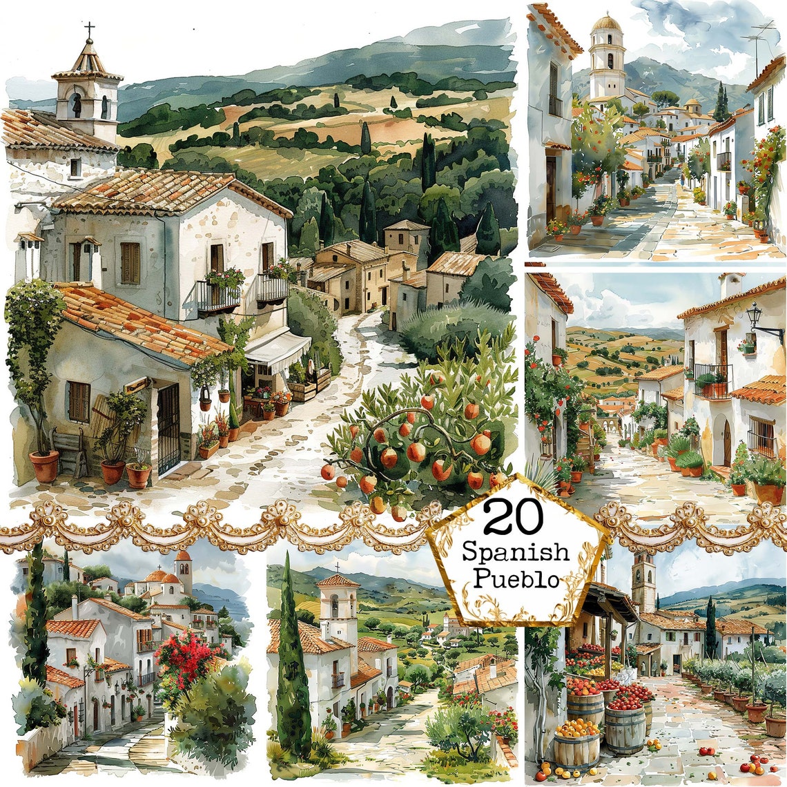 Watercolor Spanish Village Houses Clipart Bundle JPEG Village House ...