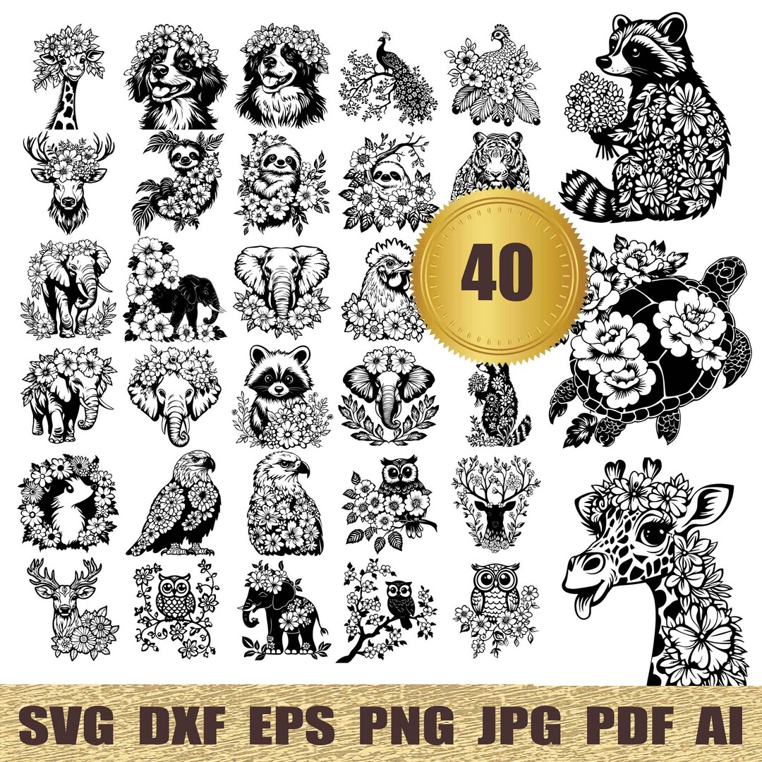 40 Floral Animal Svg, Dxf, Eps, Ai, Pdf, Jpg, Png, Cow Elephant Tiger ...