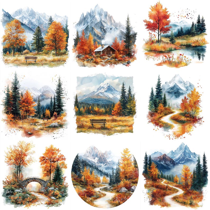 JPEG Watercolor Autumn Mountain Clipart Bundle Fall Mountain Scenery ...