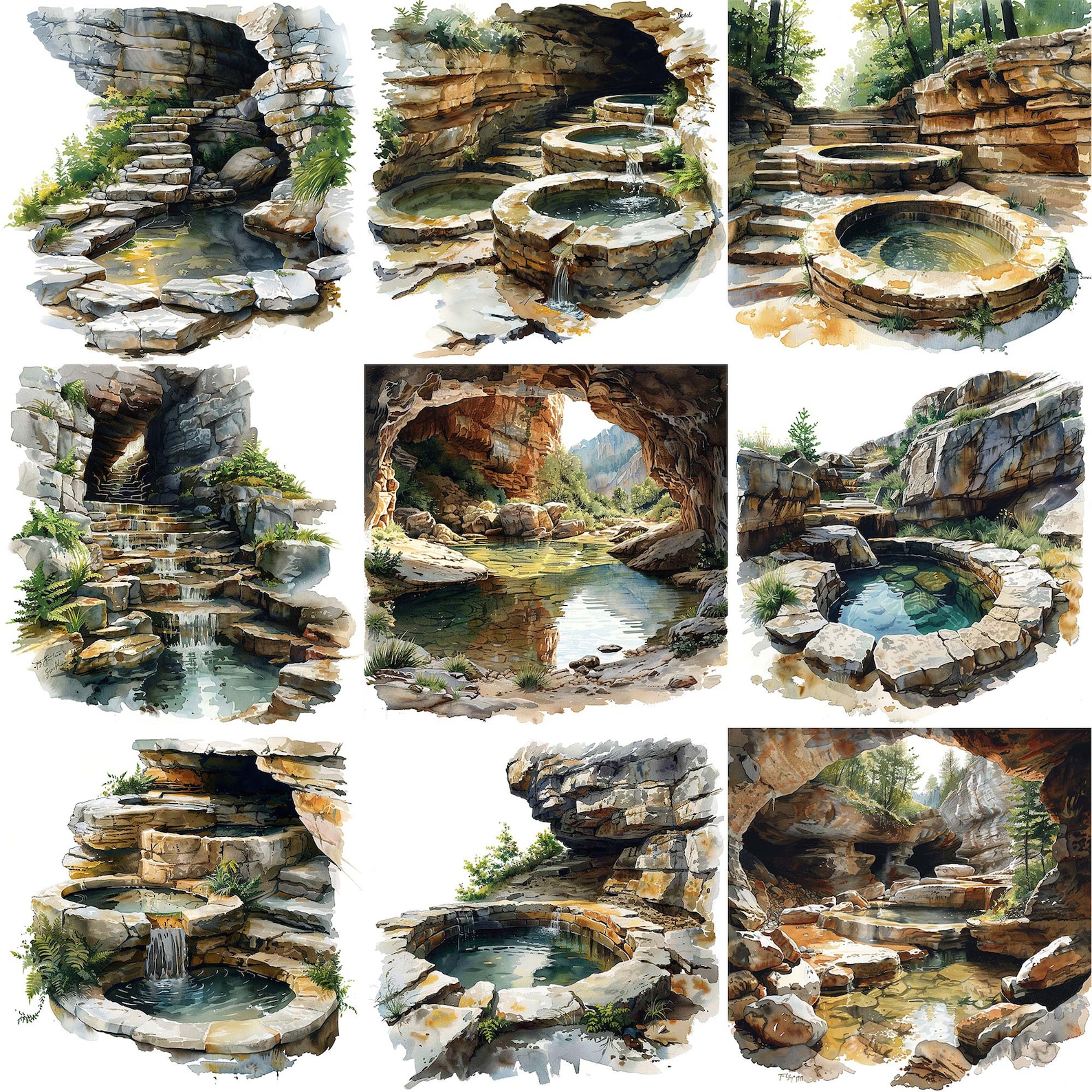 JPEG Watercolor Cave Pool Clipart Bundle JPEG Instant Download ...