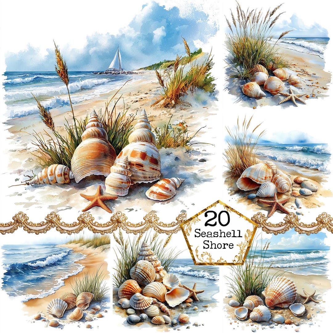 JPEG Watercolor Seashell on the Beach Clipart Bundle Overgrown Beach ...