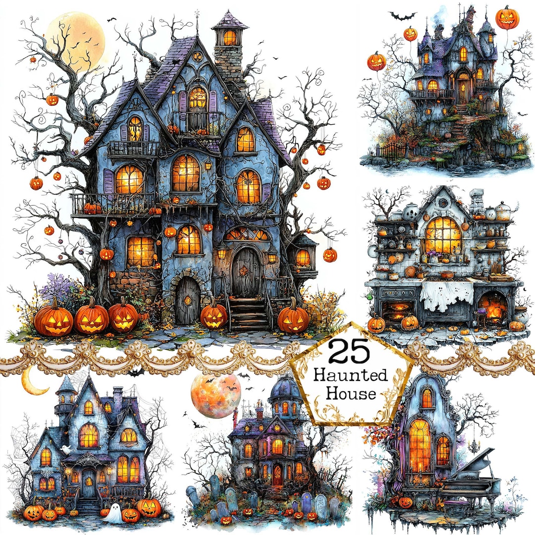 JPEG Watercolor Haunted House Clipart Bundle Halloween Clipart Spooky ...