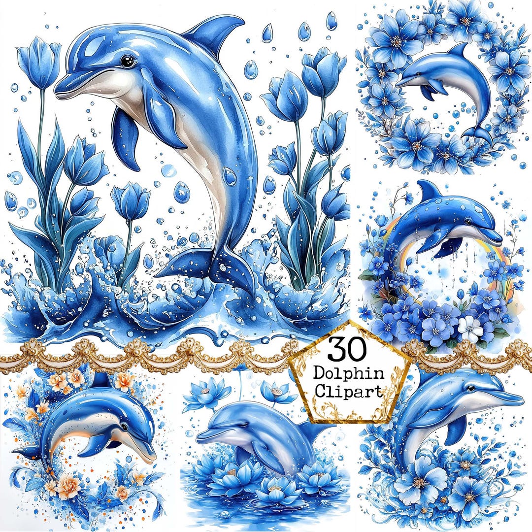 JPEG Watercolor Dolphin Clipart Bundle Floral Dolphin Clipart Sea Life ...