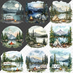 Watercolor Camping Clipart Bundle Mountain Clipart Forest Camping PNG ...