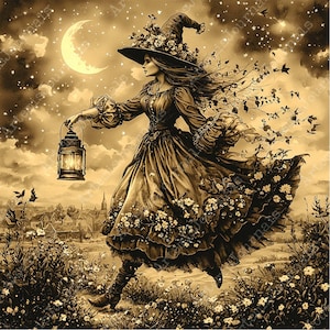 JPEG Vintage Witchy Backgrounds Lithograph Papers Monochromatic Witch ...