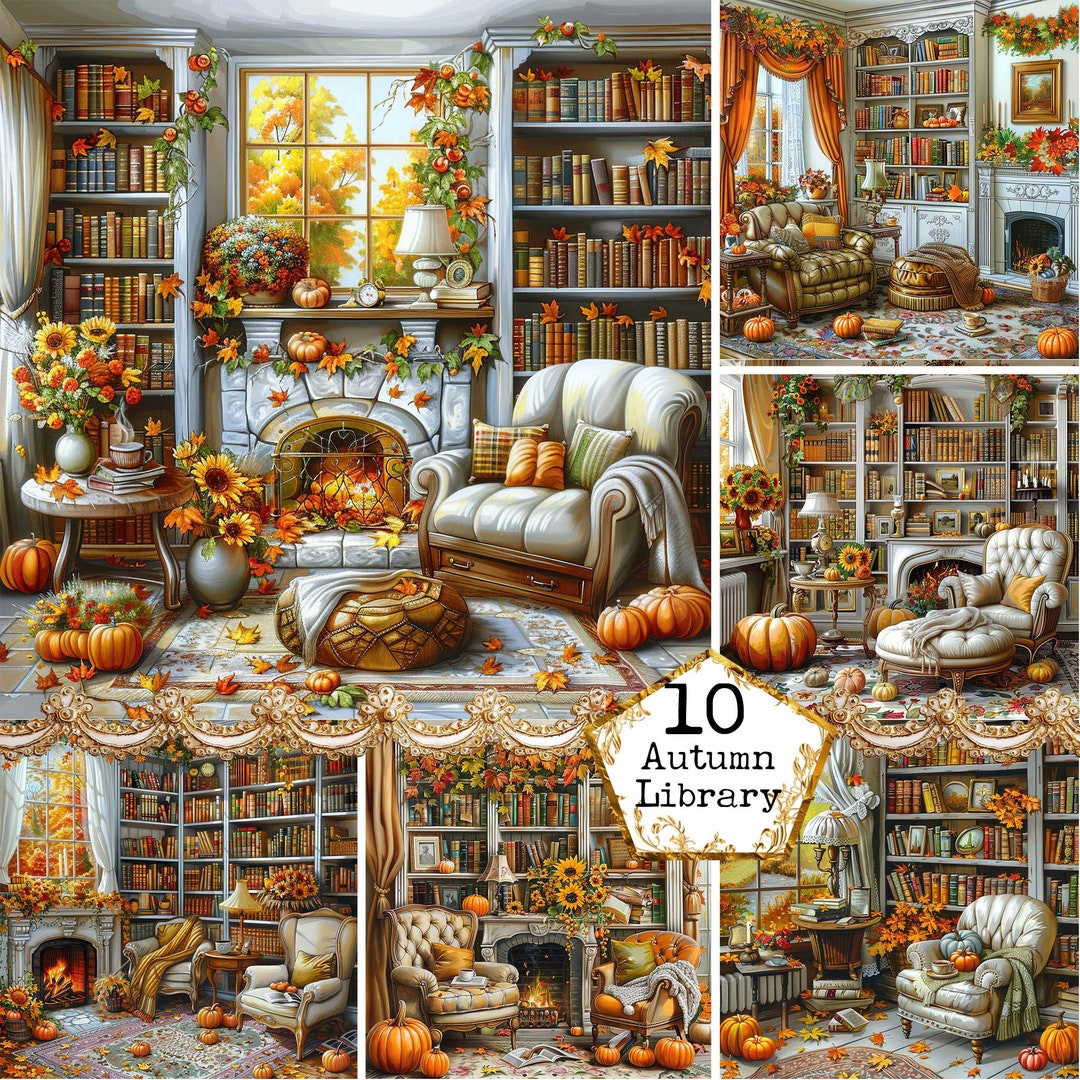 Watercolor Autumn Cozy Library JPEG Halloween Autumn Pumpkin Harvest ...