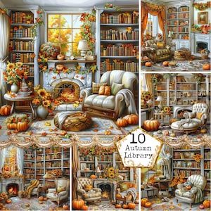 Watercolor Autumn Cozy Library JPEG Halloween Autumn Pumpkin Harvest ...