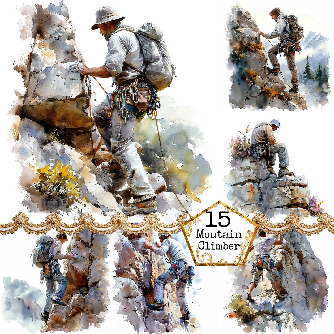 Watercolor Mountain Climber Clipart Bundle JPEG Commercial Use ...