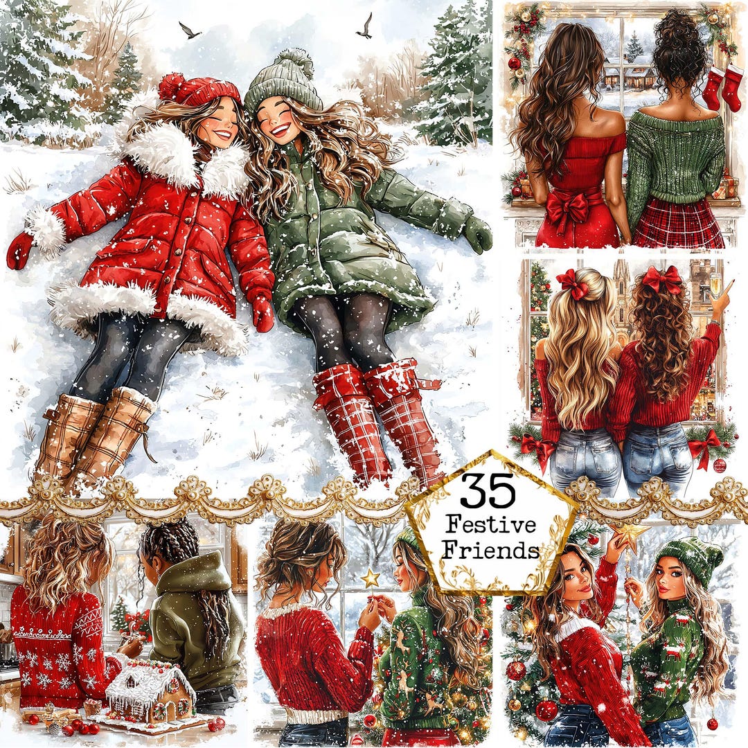 JPEG Watercolor Christmas Best Friends Clipart Bundle Besties ...