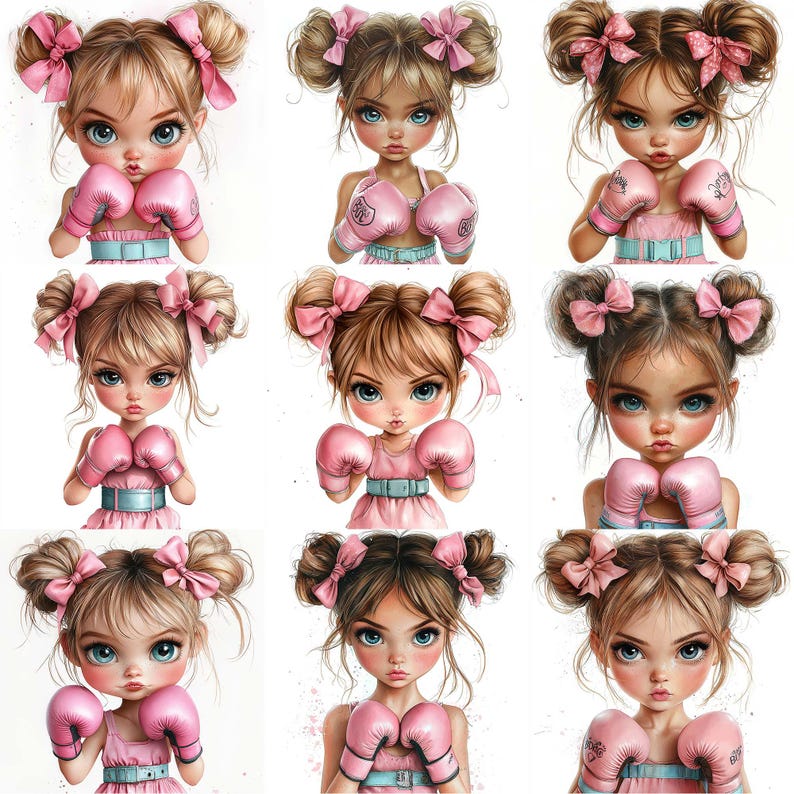 JPEG Cute Chibi Boxing Girl Clipart Bundle Pink Fashion Girl Strong ...