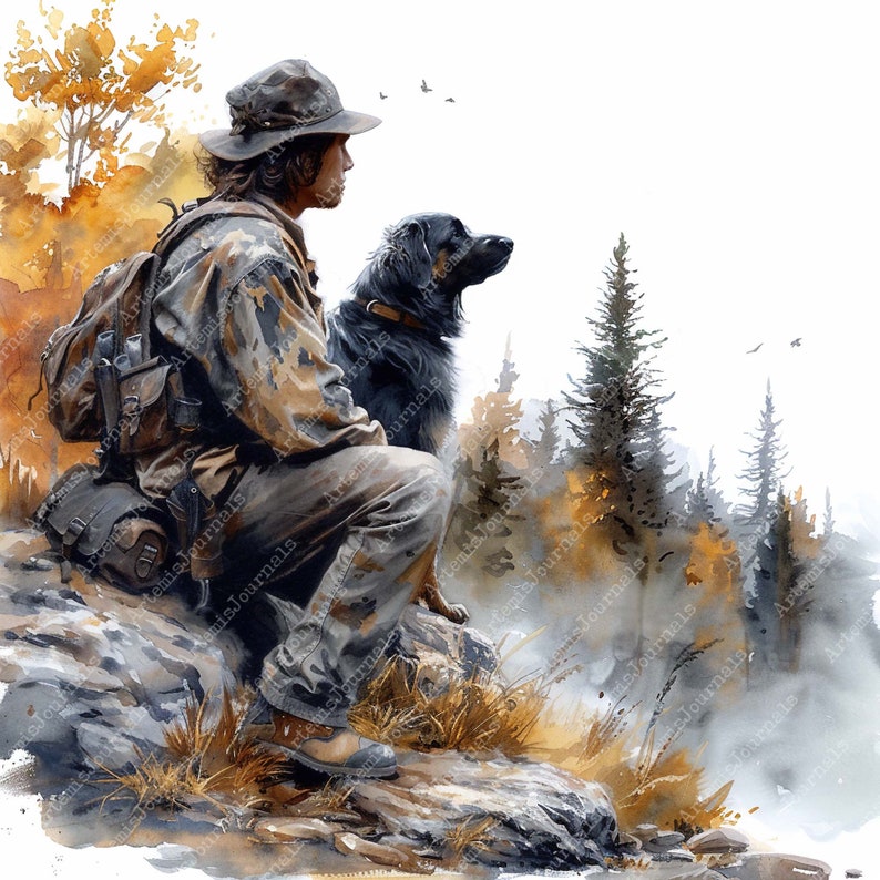 JPEG Watercolor Hunter With His Dog JPEG Mountain Hunting Clipart ...