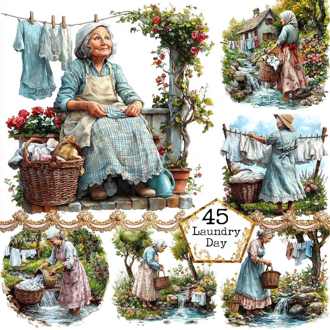 JPEG Senior Lady Doing Laundry Clipart Bundle Granny Clipart Washing ...