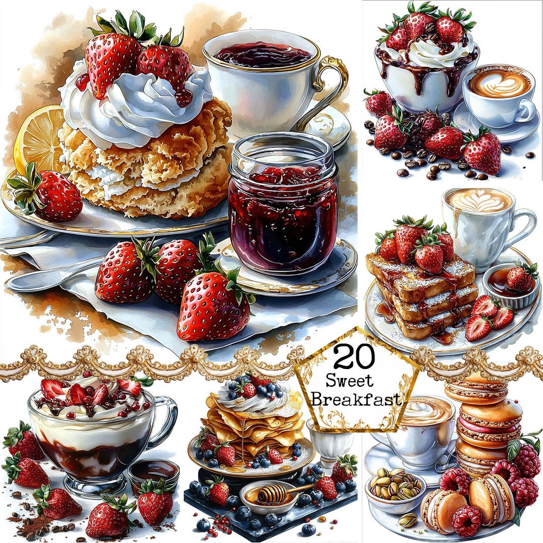 JPEG Watercolor Sweet Breakfast Clipart Bundle Coffee Clipart Croissant ...