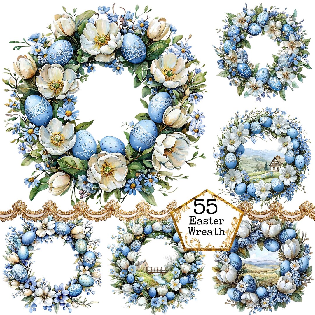 PNG + JPEG Watercolor Easter Wreath Clipart Bundle Easter Egg Spring ...