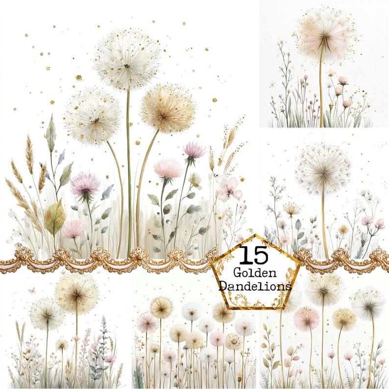 Golden Dandelion - Watercolor JPEG Clipart Bundle Instant Download ...
