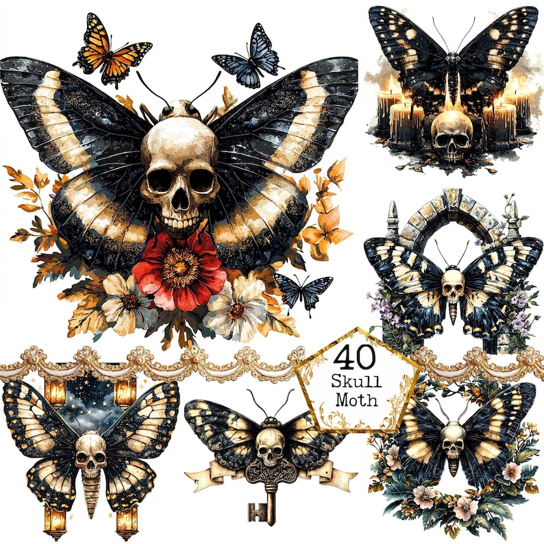 JPEG Skull Moth Clipart Bundle Gothic Moth Vintage Undead Moth Clipart ...