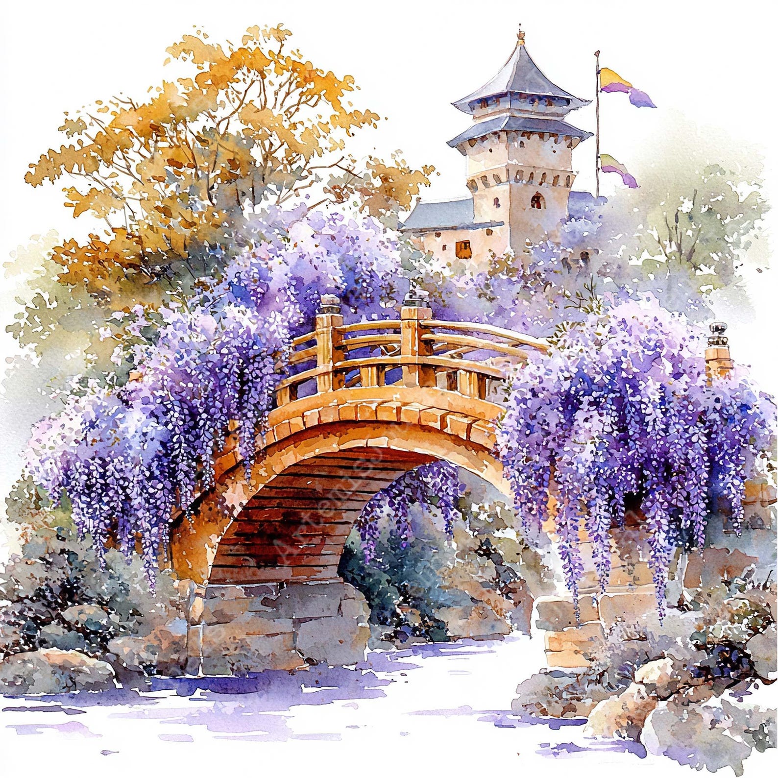 JPEG Watercolor Spring Bridge Clipart Bundle Wisteria Clipart ...