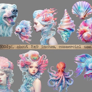 The Mermaid Bundle PNG Clipart, Watercolor Whimsical Mermaid, Shell ...