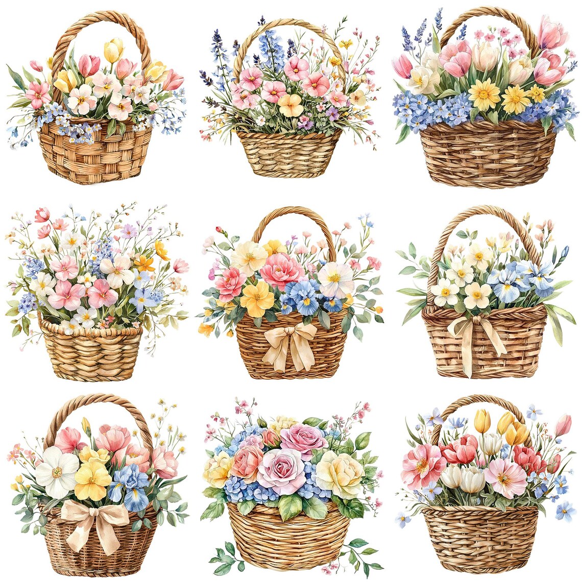 PNG + JPEG Watercolor Spring Flower Baskets Clipart Wicker Basket ...