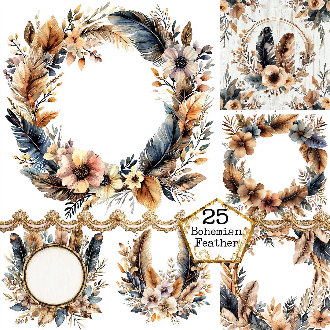 JPEG Boho Feather Wreath Frame Clipart Bundle Boho Clipart Borders ...
