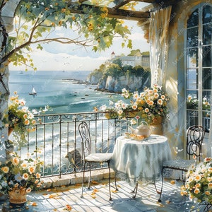 Watercolor Ocean View From a Cozy Balcony Clipart JPEG Instant Download ...