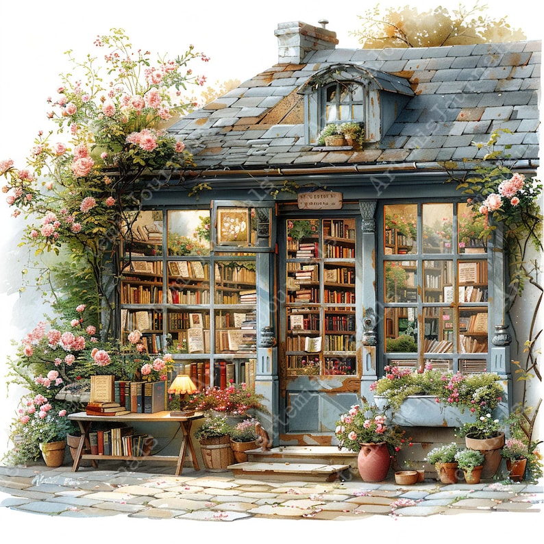 Watercolor Vintage Bookstore Fronts JPEG Instant Download Vintage Shop ...