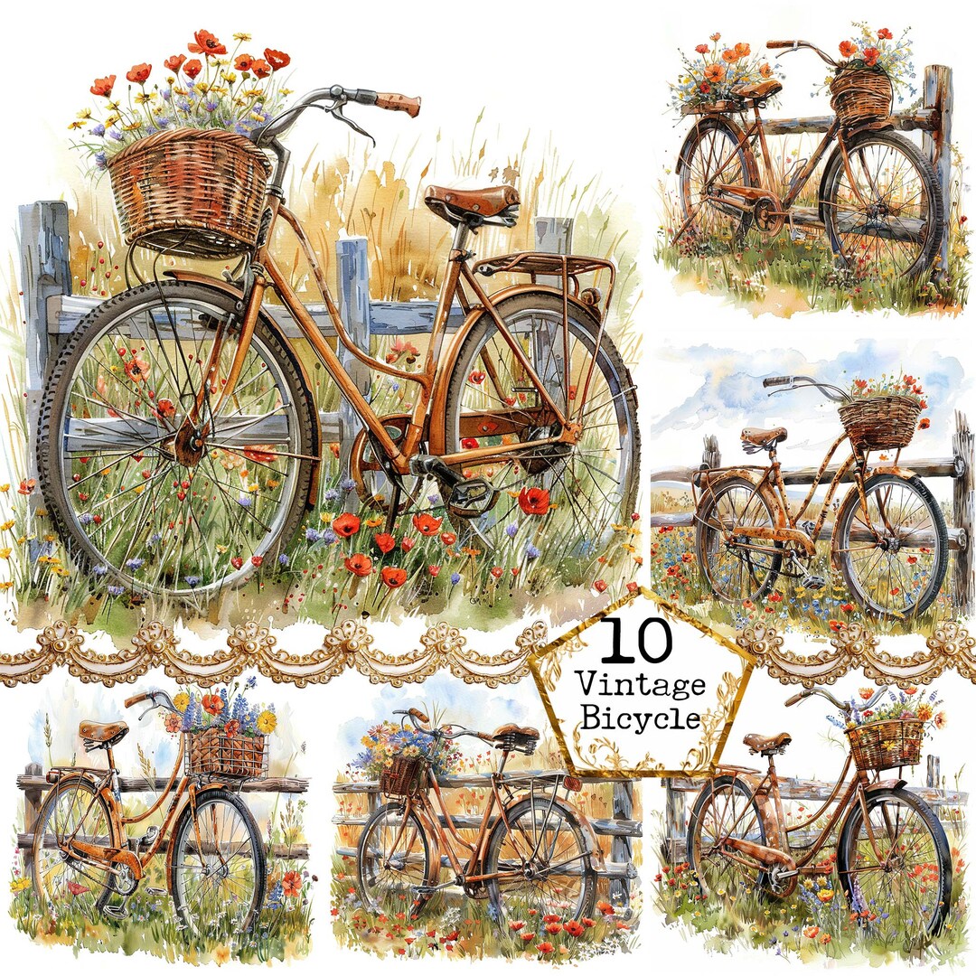 JPEG Watercolor Spring Bicycle Clipart Bundle JPEG Floral Bike ...