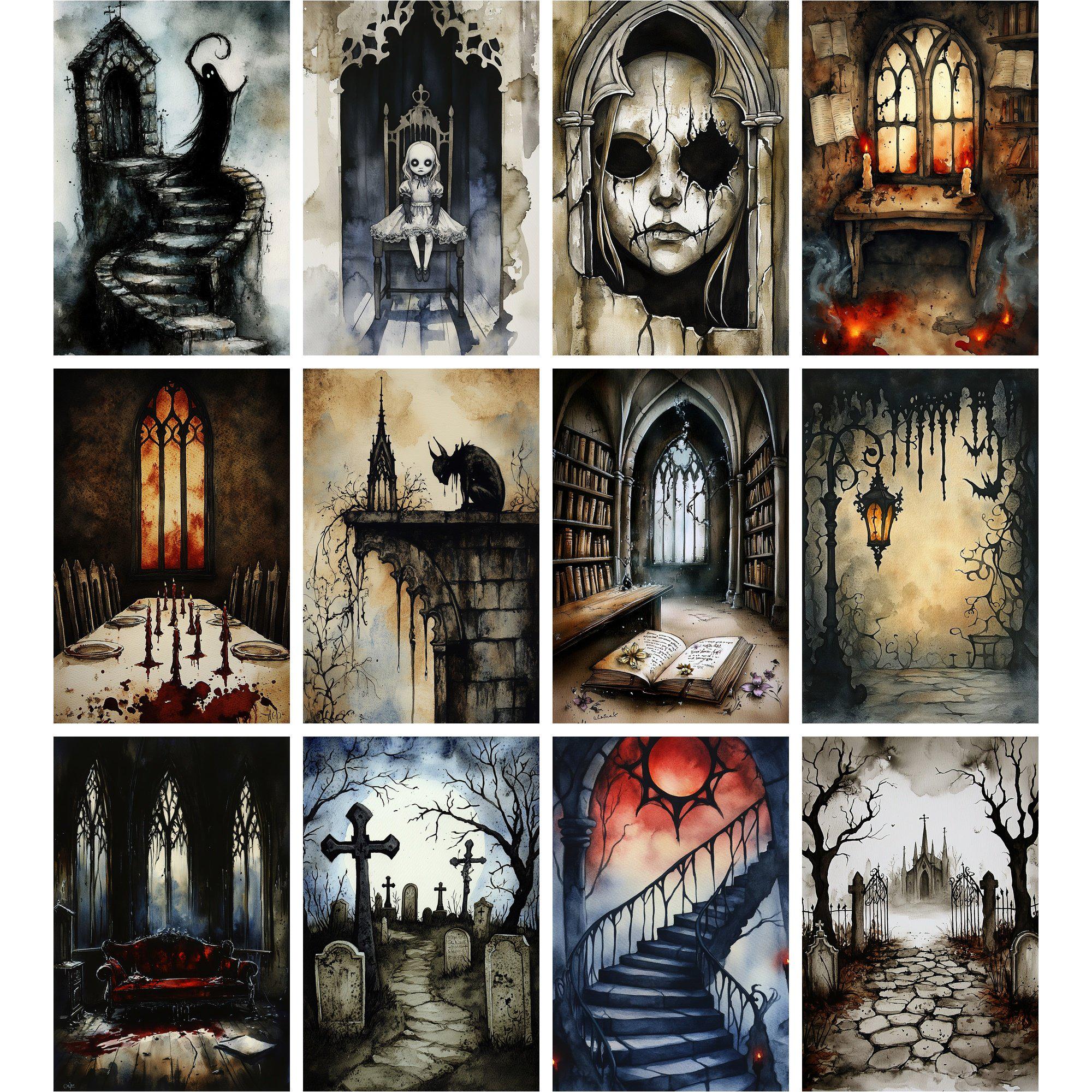 230 Watercolor Gothic Scenes - Printable Pages, Spooky Horror Junk ...