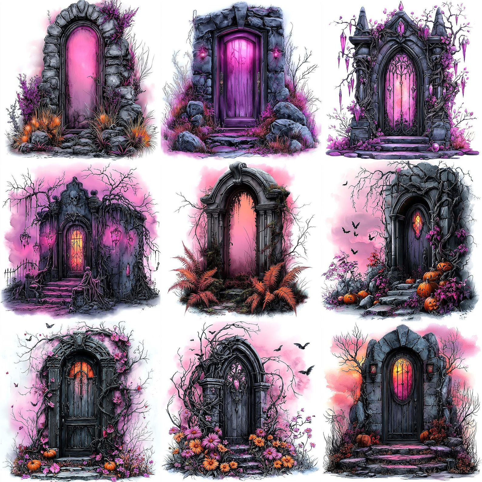 JPEG Watercolor Spooky Pink Halloween Doors Gothic Entrance Scary Exit ...