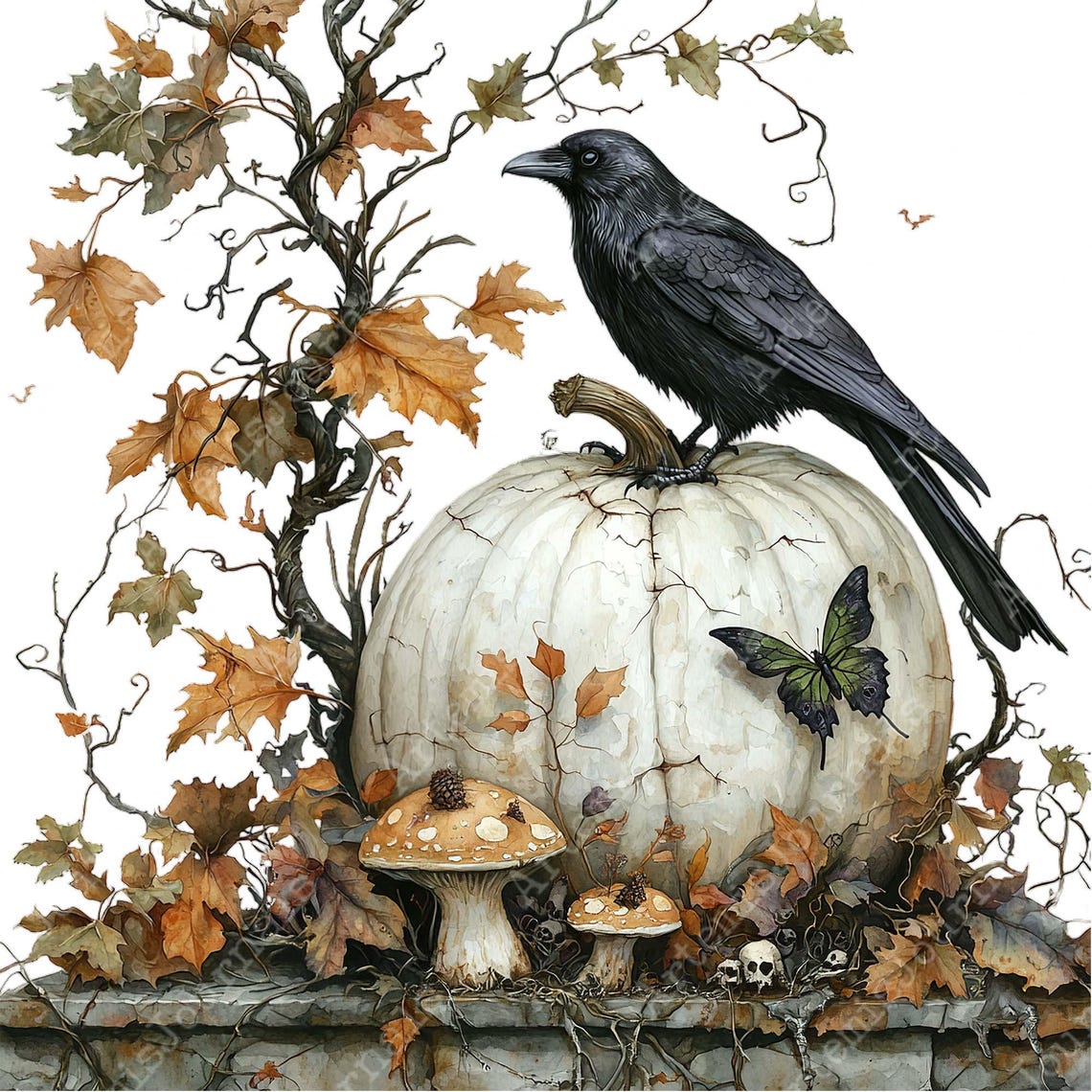 PNG Overgrown Watercolor Pumpkins and Raven Clipart Bundle Fall Clipart ...