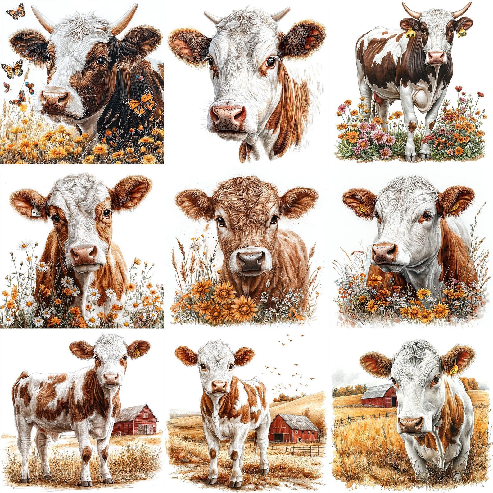 JPEG Watercolor Farmyard Cow Clipart Bundle Cottage Core Farm Land Farm ...