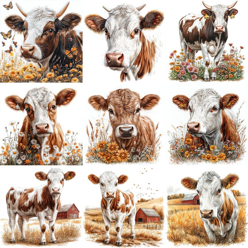JPEG Watercolor Farmyard Cow Clipart Bundle Cottage Core Farm Land Farm ...