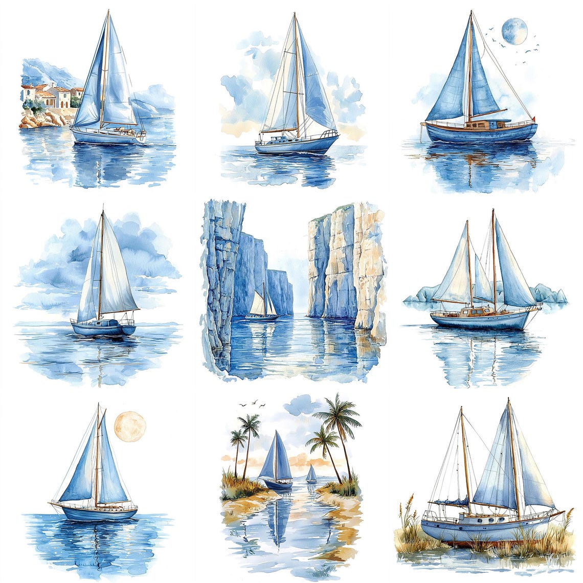 JPEG Watercolor Sailing Boat in the Sea JPEG Sailing Clipart Nautical ...