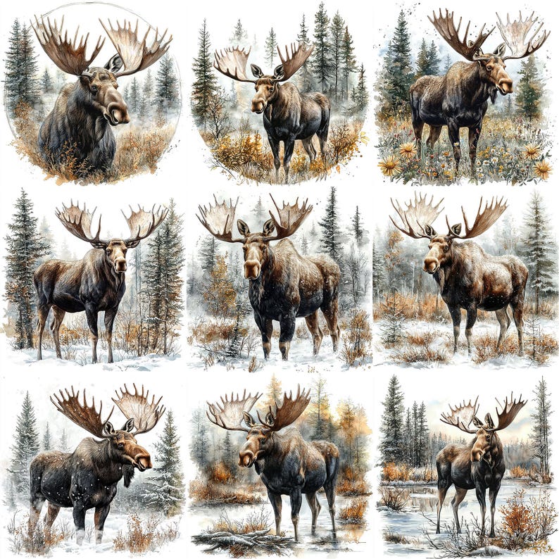 JPEG Watercolor Moose Clipart Bundle Forest Clipart Woodland Art ...