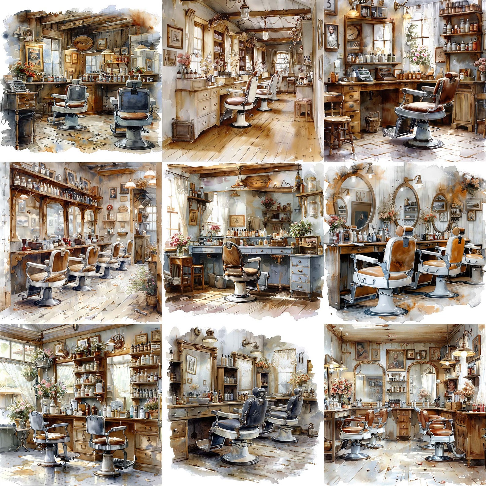 Watercolor Vintage Barber Shop JPEG Instant Download Hairdresser's Shop ...
