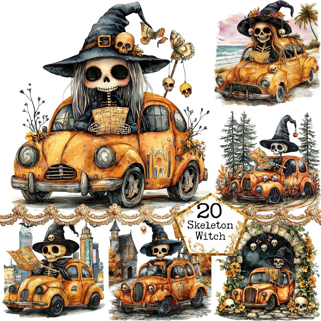 JPEG Watercolor Traveling Skeleton Clipart Bundle Vintage Car Travel ...
