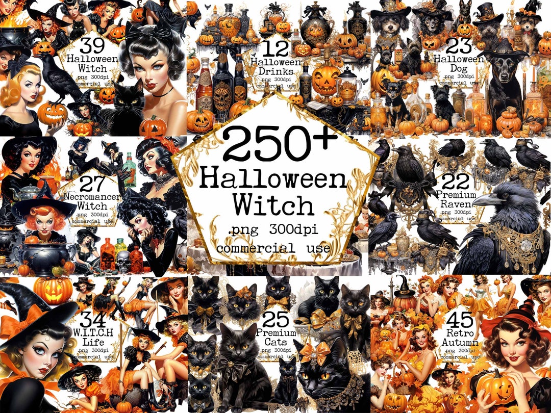 PNG BIG Halloween Witch Clipart Bundle PNG Witches Ravens Black Cats ...