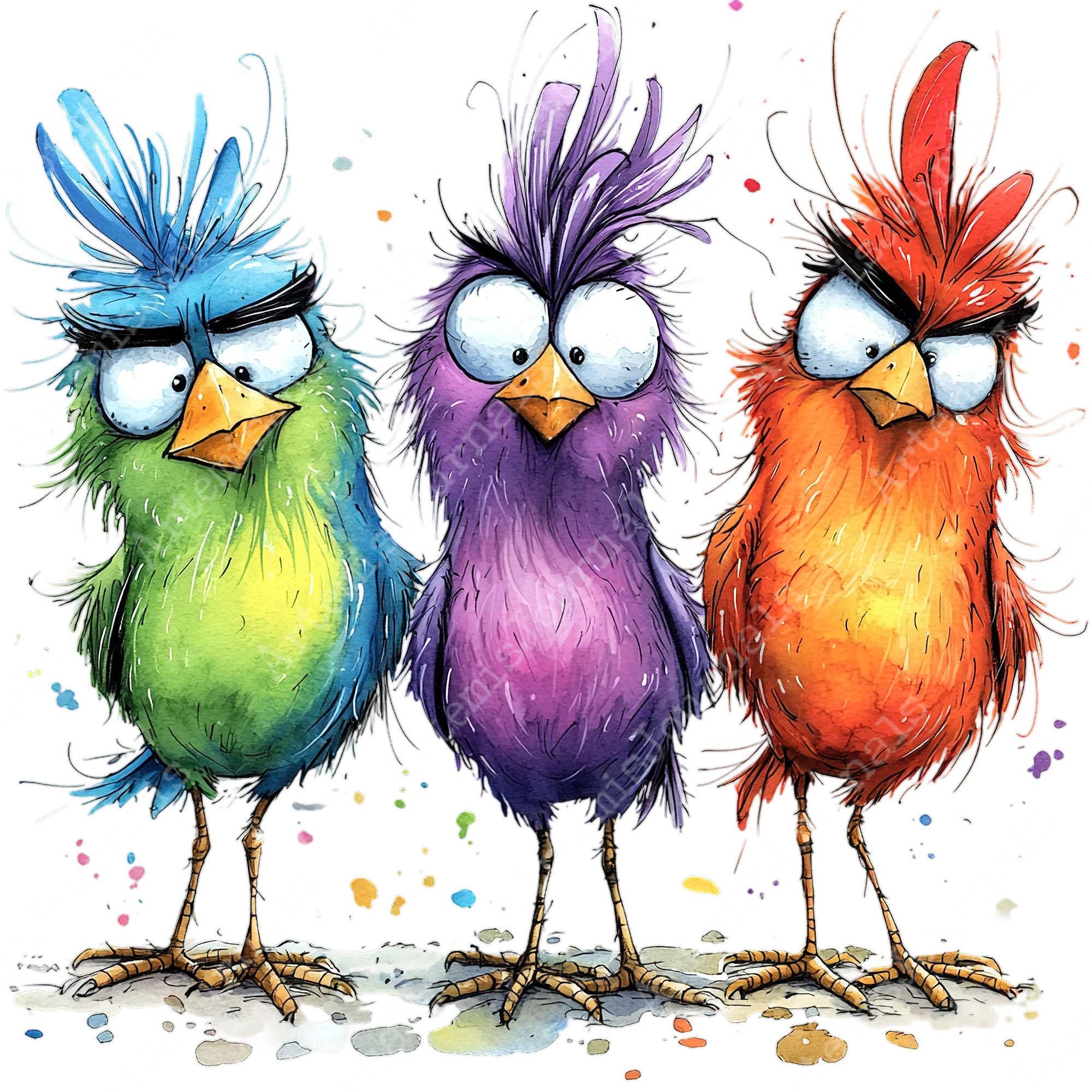 PNG + JPEG Colorful Watercolor Whimsical Birds Clipart Bundle Funny ...