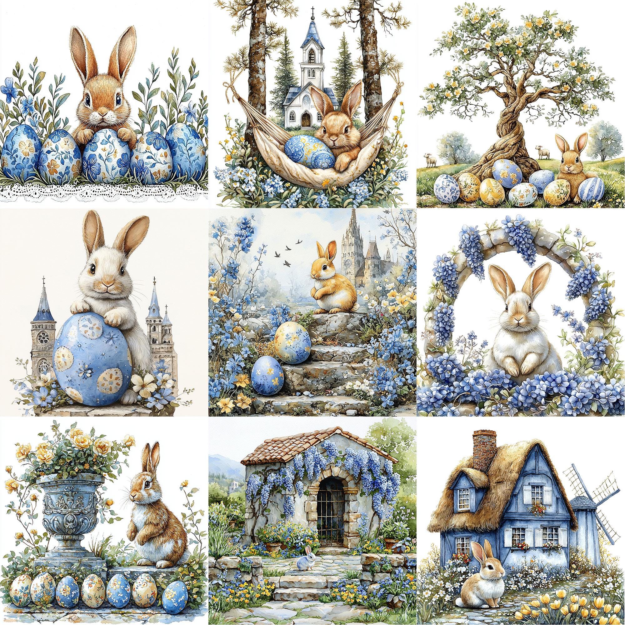 JPEG Watercolor Easter Bunny Scenes Clipart Bundle Big Collection ...