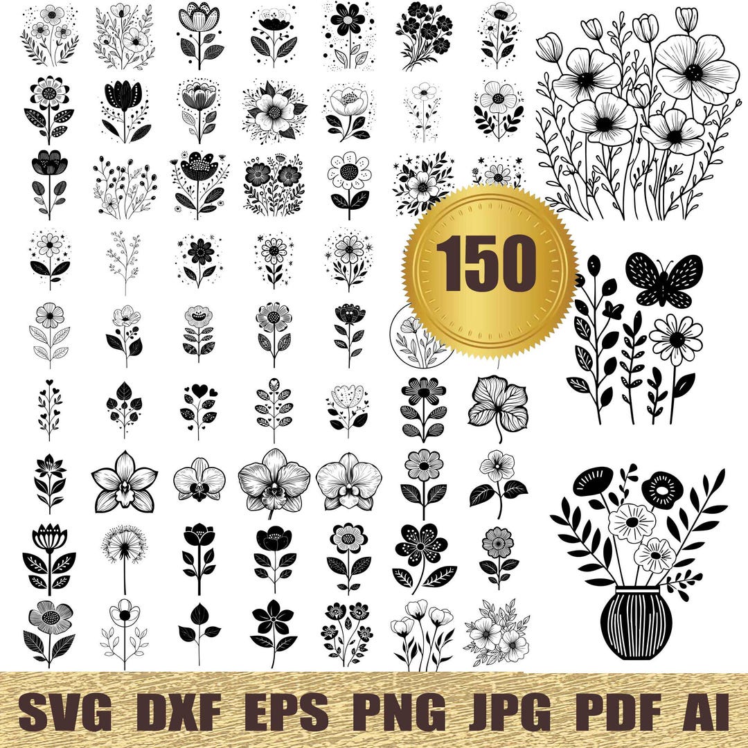150 Whimsical Flowers Svg, Dxf, Eps, Ai, Pdf, Jpg, Png Flowers Bundle ...