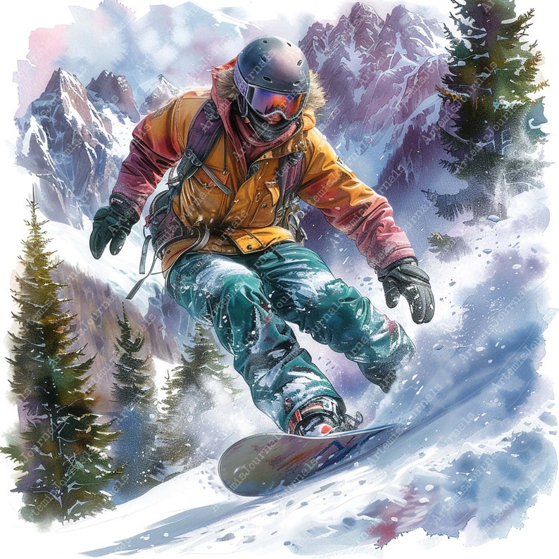 Watercolor Snowboarding Clipart JPEG Instant Download Winter Clipart ...