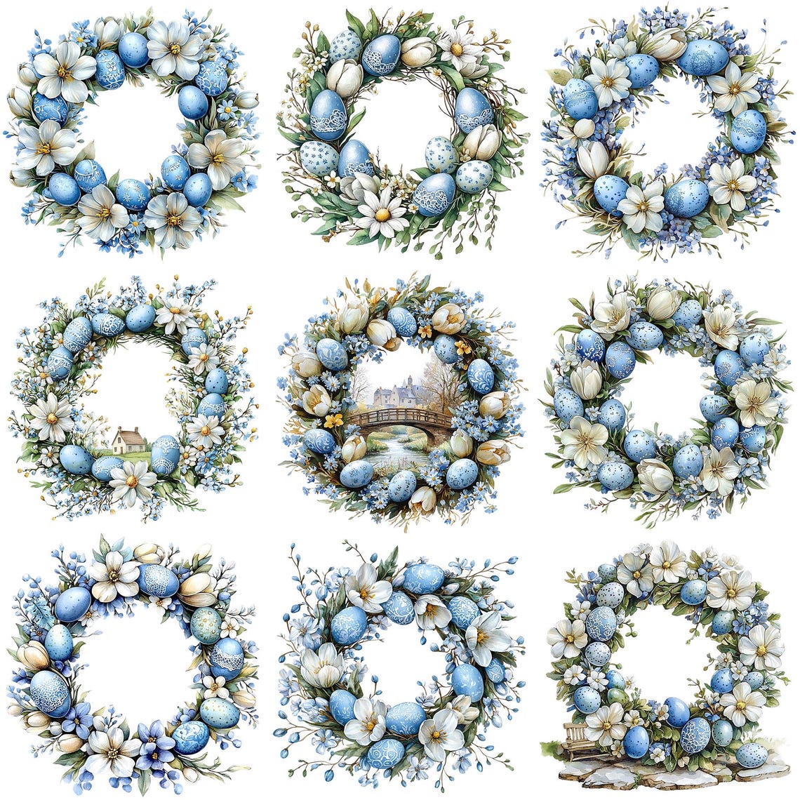 PNG + JPEG Watercolor Easter Wreath Clipart Bundle Easter Egg Spring ...