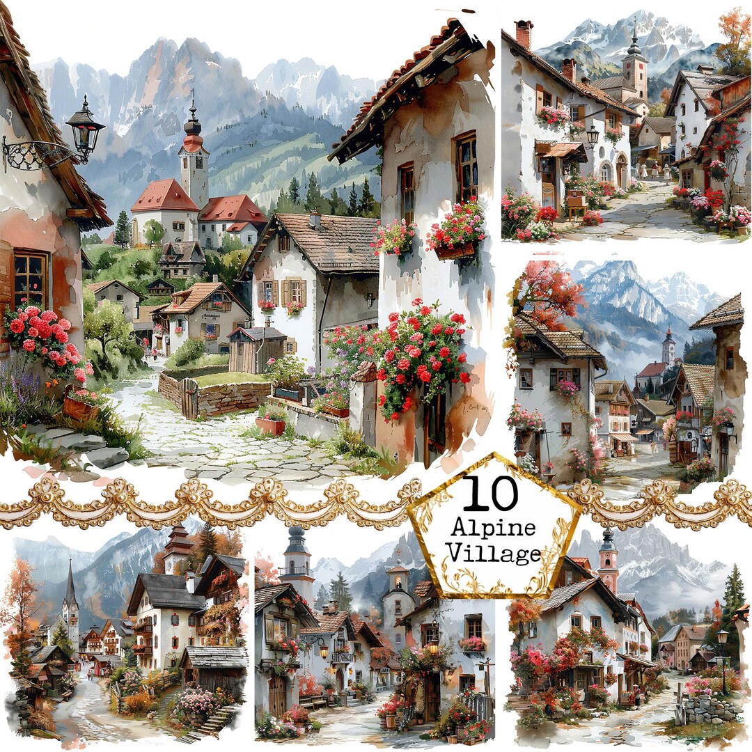 Old German Alpine Village Overgrown With Flowers Clipart Bundle JPEG ...