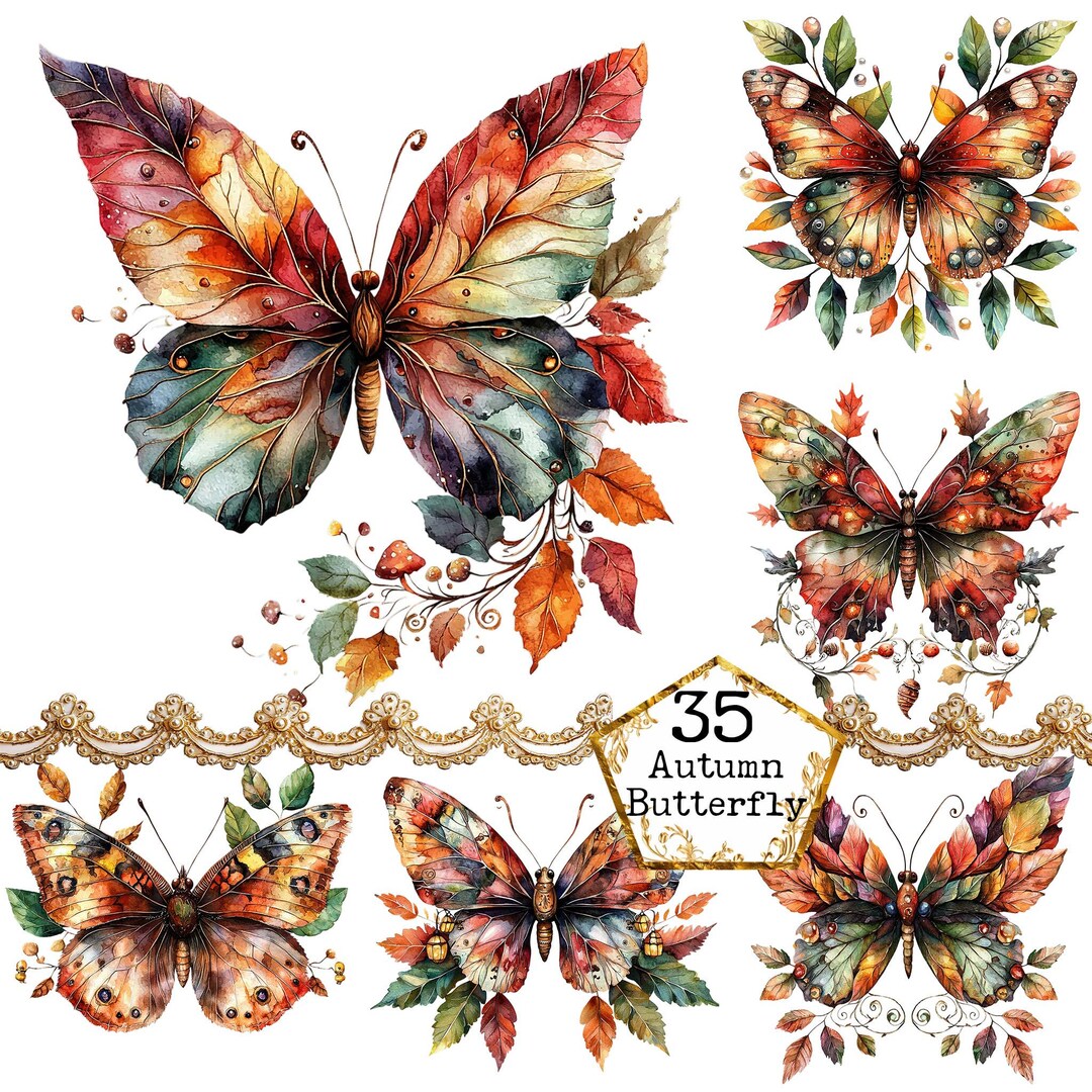 PNG + JPEG Watercolor Autumn Leaves Butterfly Clipart Bundle Mixed ...